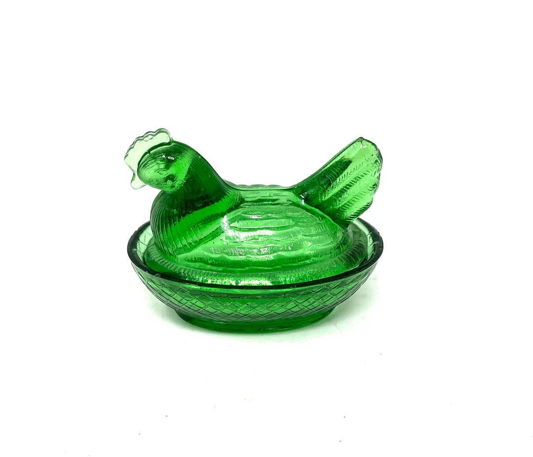 Vintage Small Green Glass Hen on Nest Covered Dish / Ring Dish ...