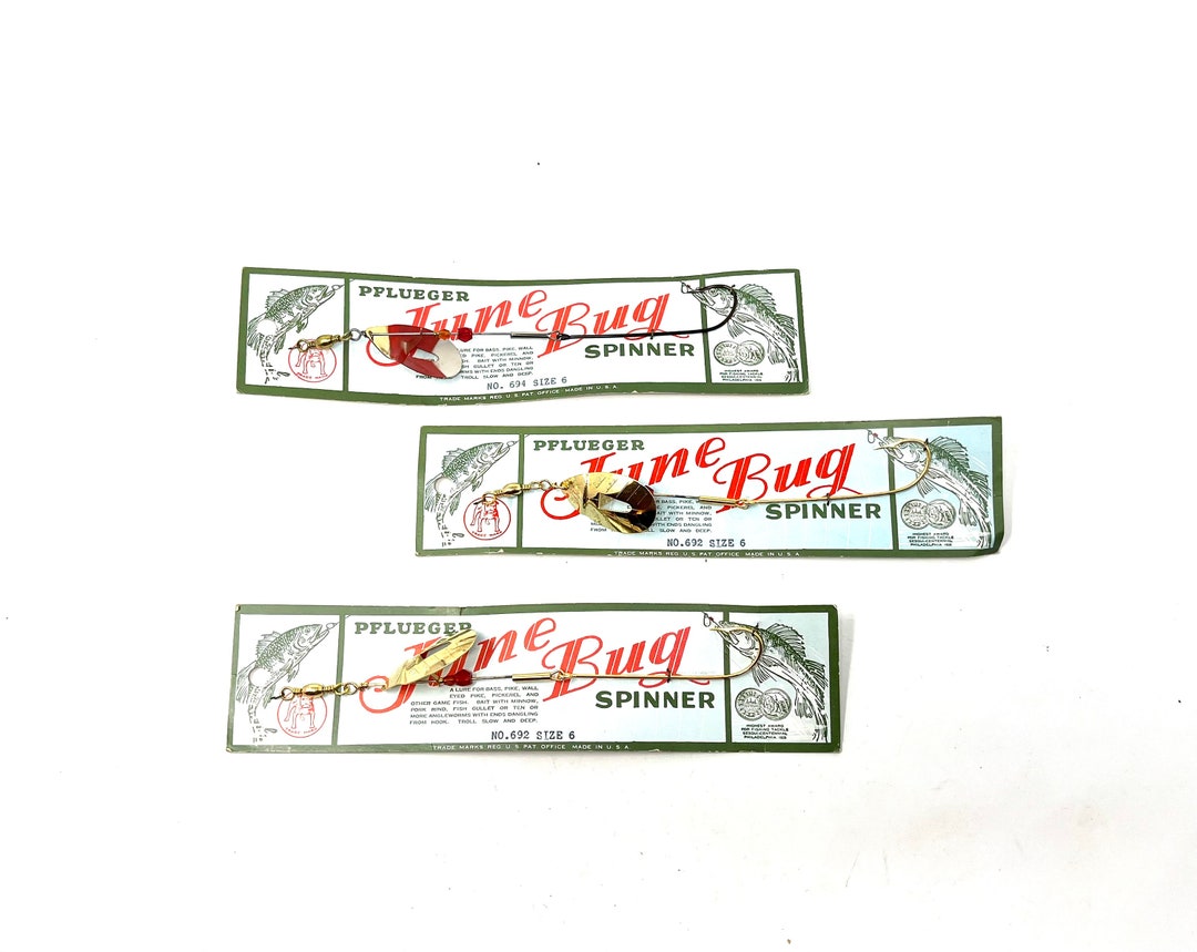 3 Vintage Pflueger June Bug Spinner Lure on Card / Antique Fishing Lure ...