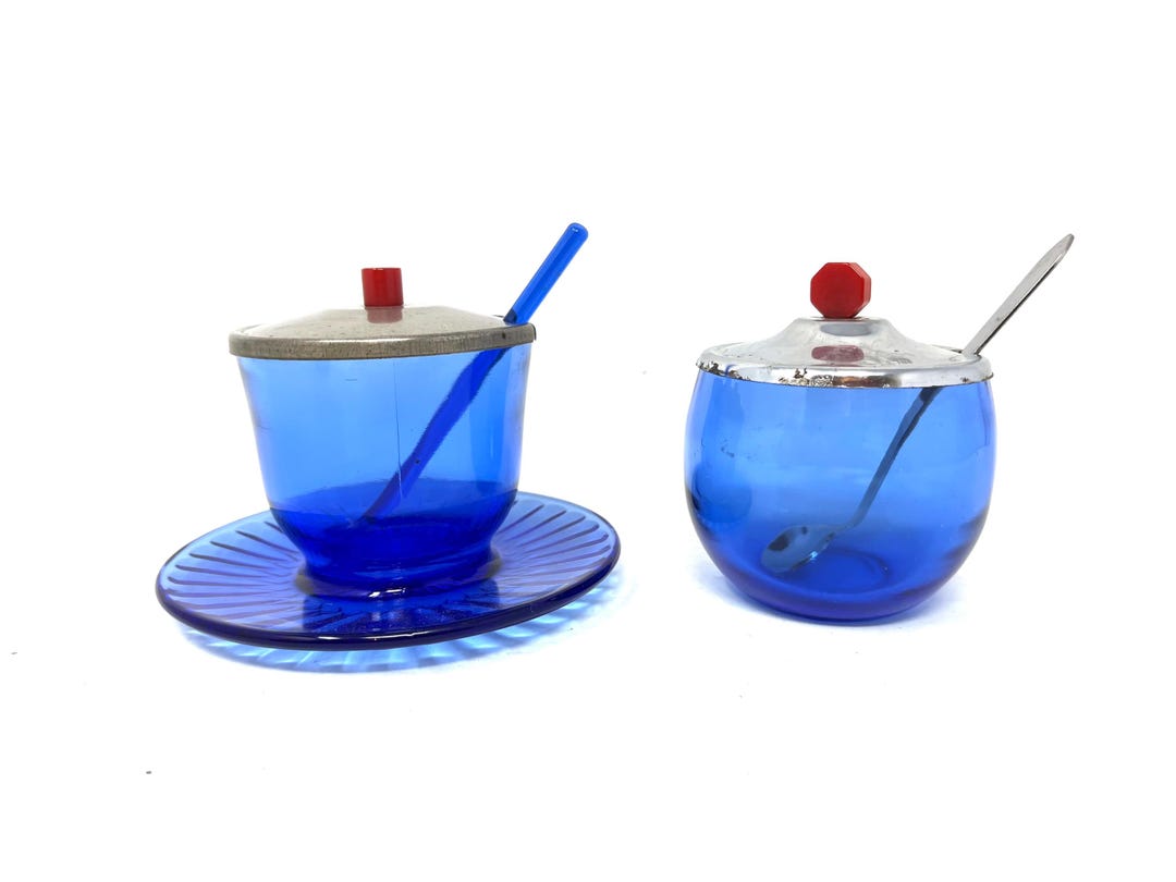 Cobalt Blue Depression Glass Condiment Cup Saucer and Glass Stirrer ...