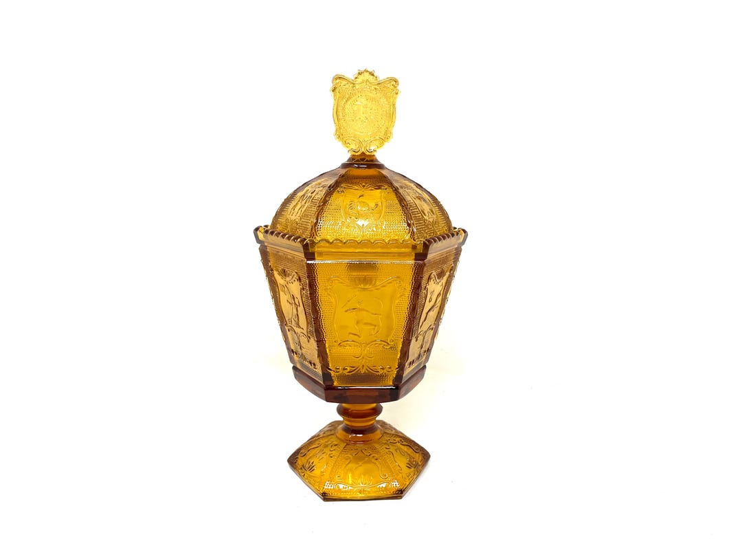 Vintage Imperial Glass Pedestal Candy Dish With Lid: Embossed Zodiac ...