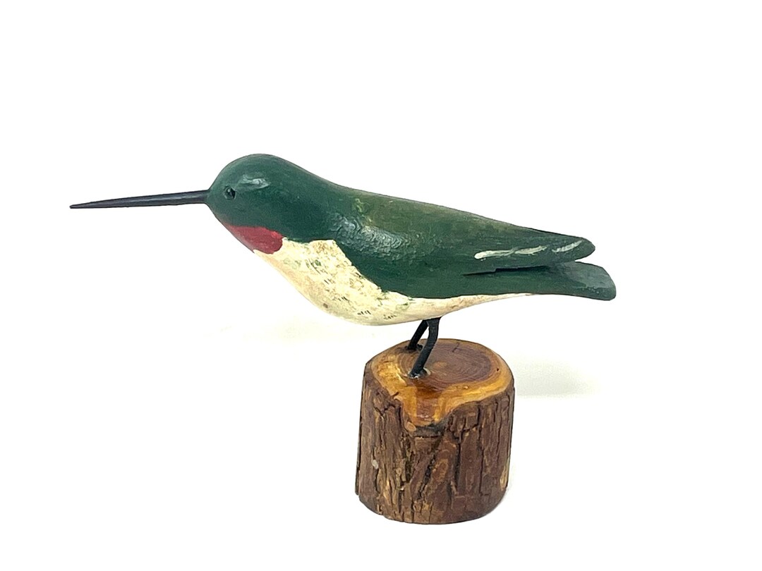 Hand Carved Ruby Throated Hummingbird Statue: Folk Art Wood Carving ...