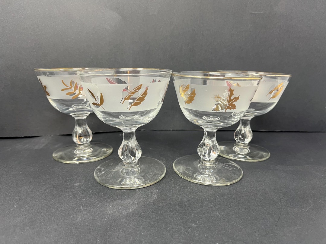 4 Libbey Starlyte Glass Goblets Sherbet Wine Gold Paint Frosted Leaf ...