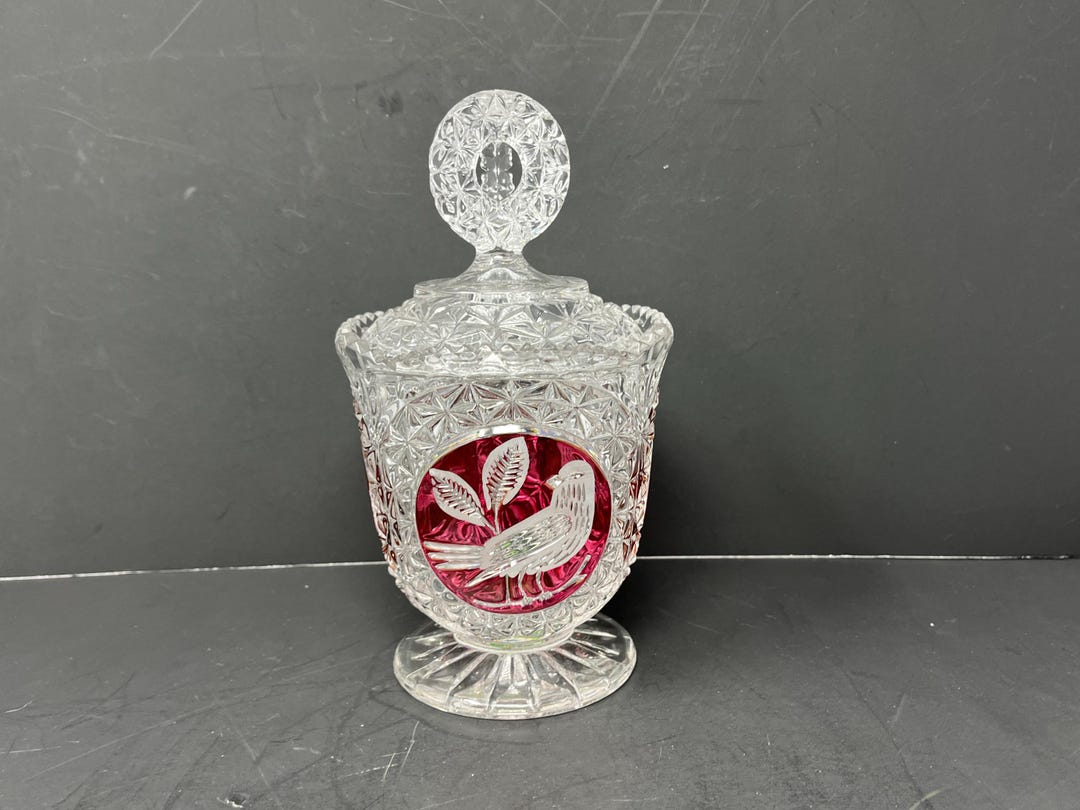 Hofbauer Byrdes Lead Crystal Candy Dish With Lid Sawtooth Edge Ruby Red ...