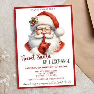 Secret Santa Gift Exchange Party Invitation Template, Christmas Holiday ...