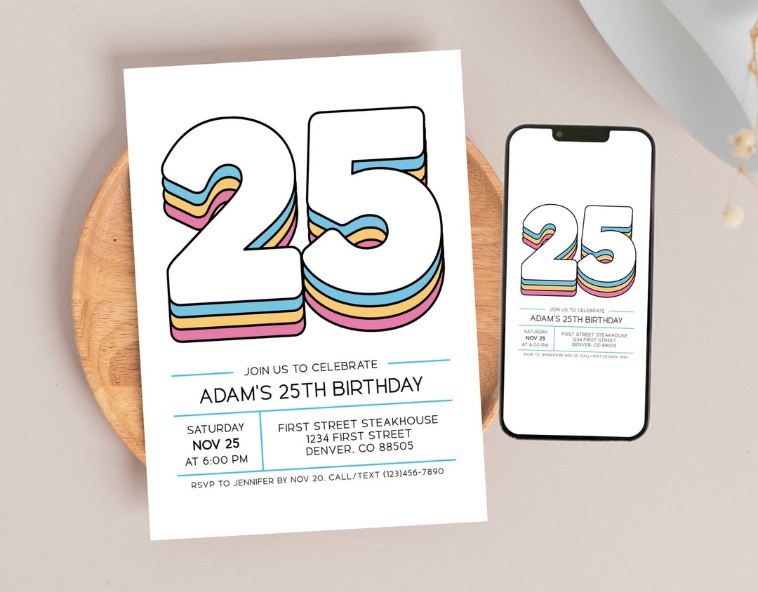 Minimal 25th Birthday Party Invitation Template, 25th Unisex Party ...