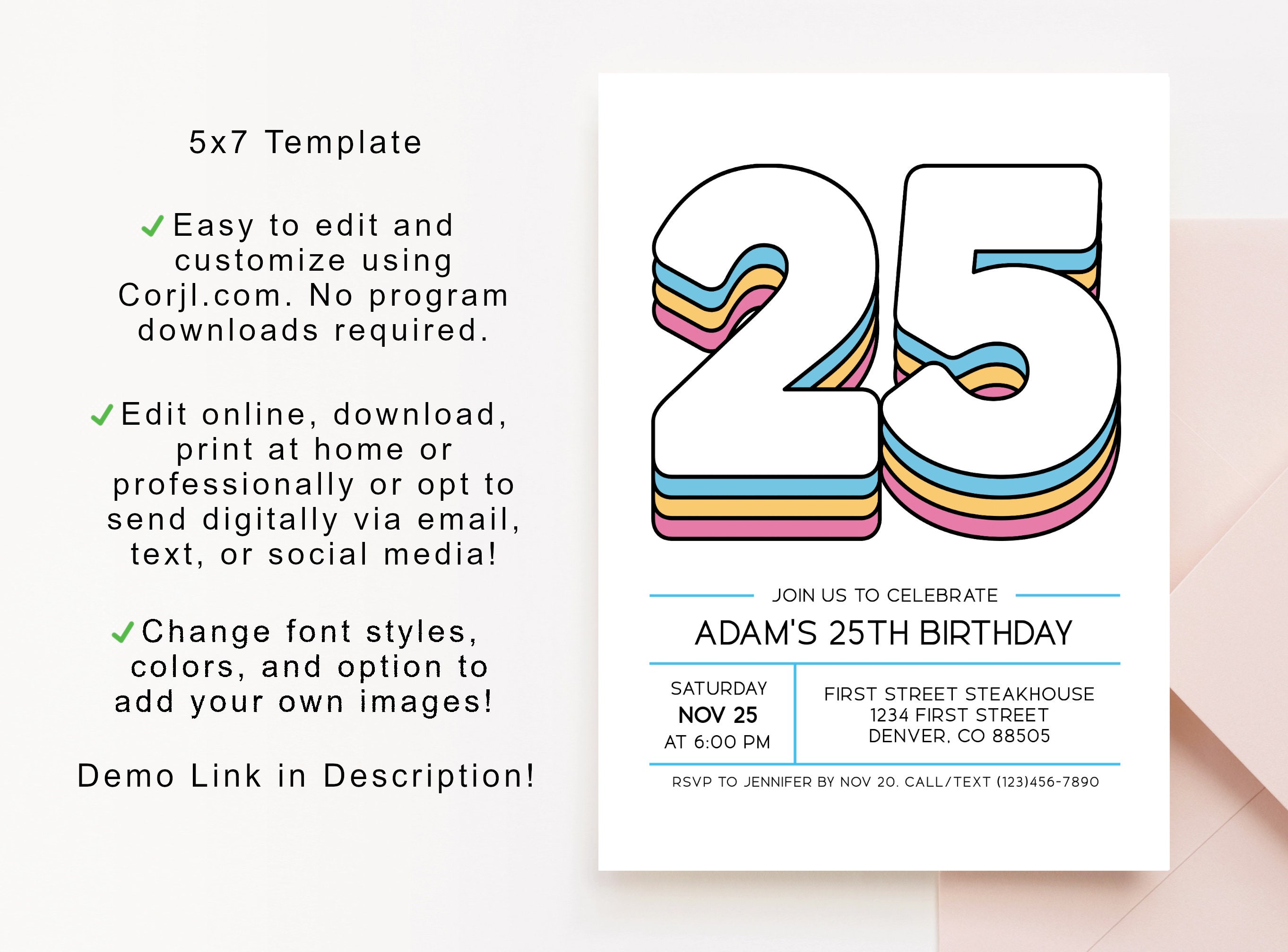 Minimal 25th Birthday Party Invitation Template, 25th Unisex Party ...