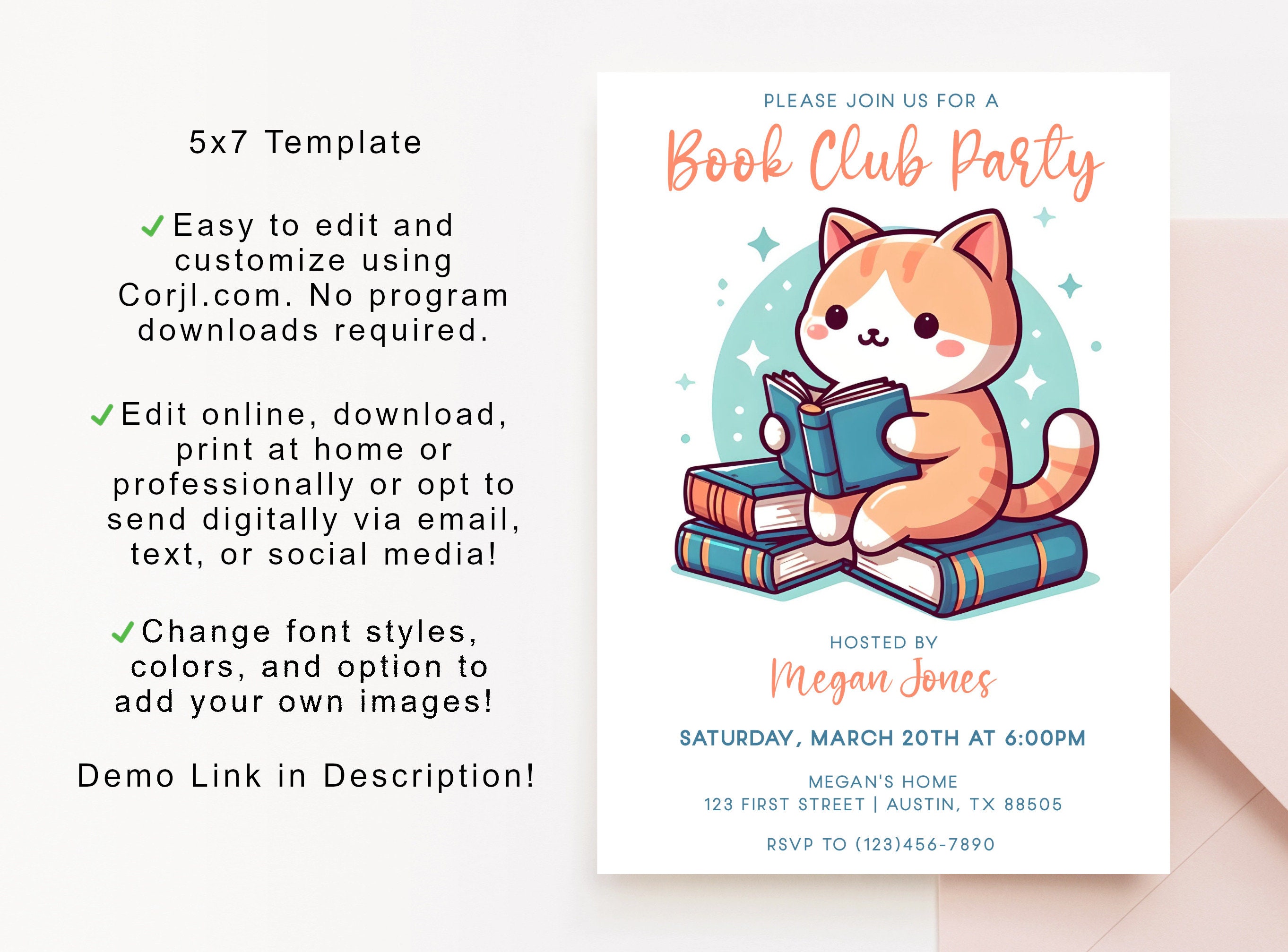 Book Club Party With Cat Invitation Template, Book Club Invitation ...