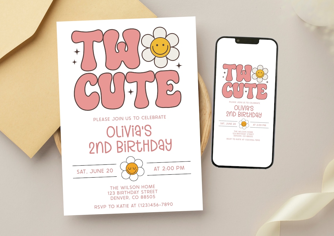 Two Cute 2nd Birthday Party Invitation Template, Second Birthday ...