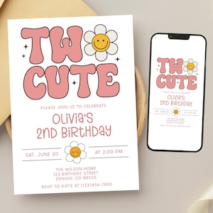 Two Cute 2nd Birthday Party Invitation Template, Second Birthday ...