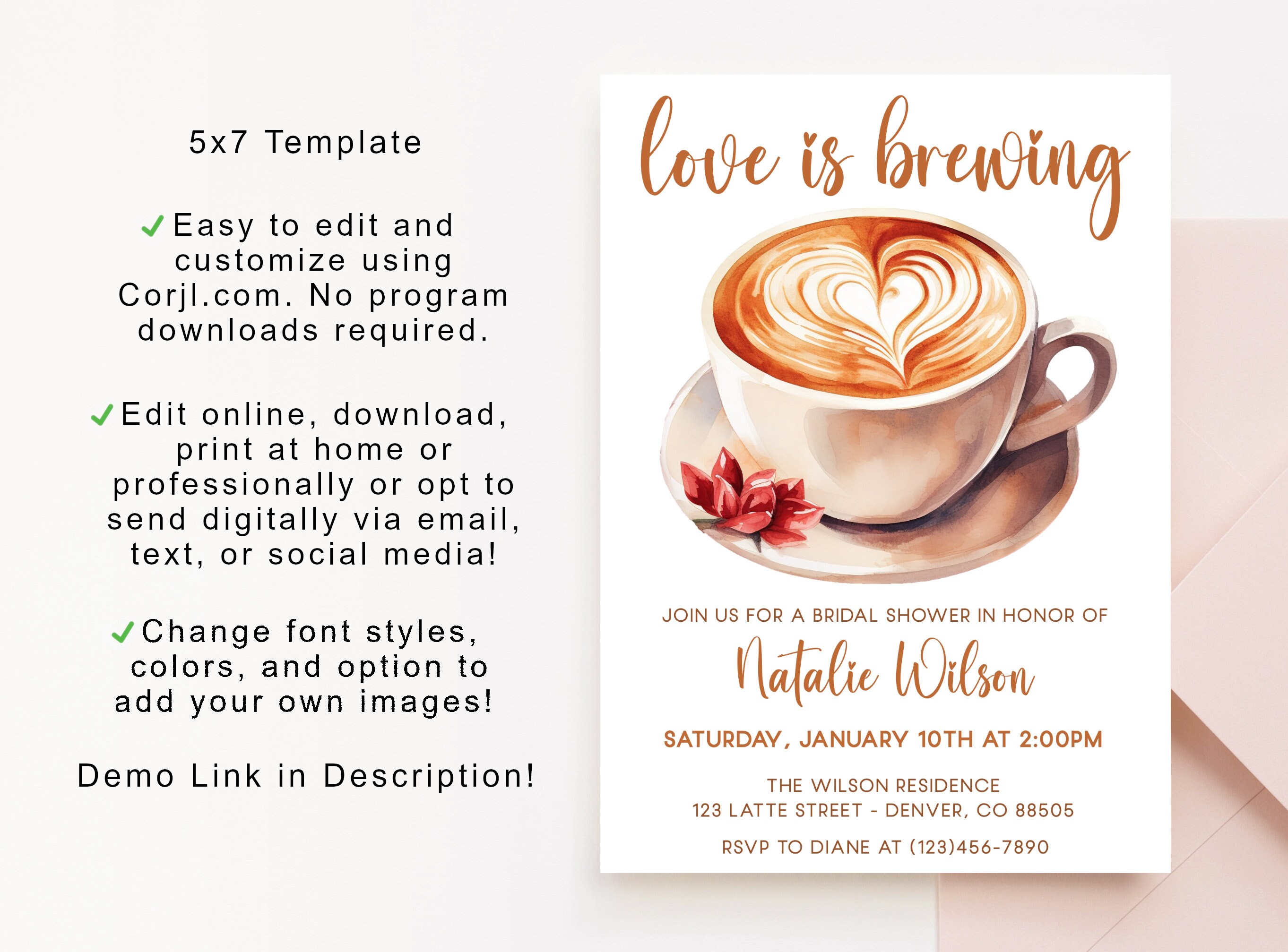 Love is Brewing Coffee Bridal Shower Invitation Template, Coffee Theme ...