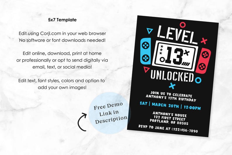 Level 13 Unlocked Boy's Gaming Birthday Party Invitation Template ...