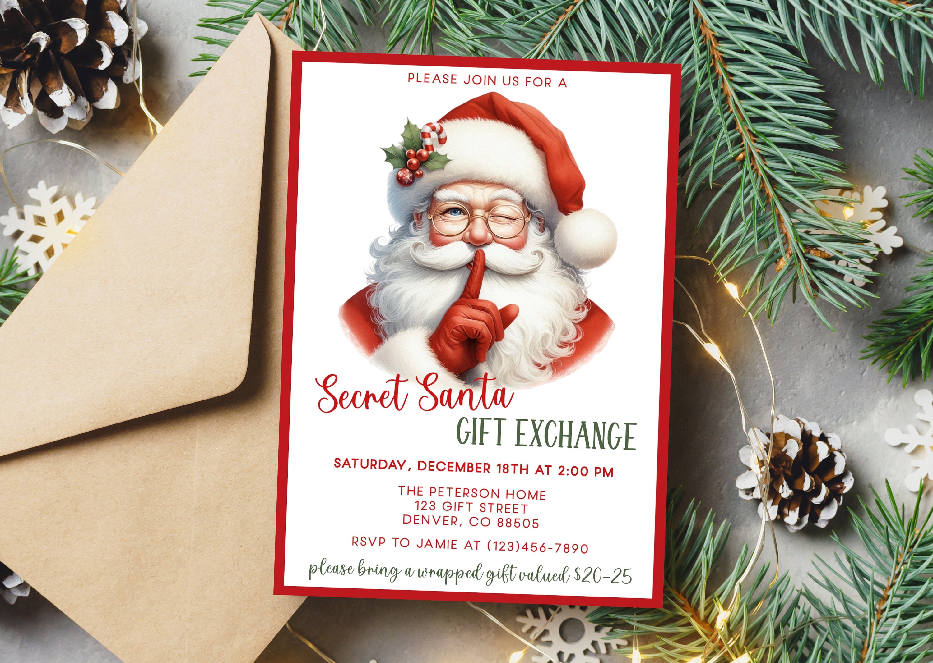 Secret Santa Gift Exchange Party Invitation Template, Christmas Holiday ...