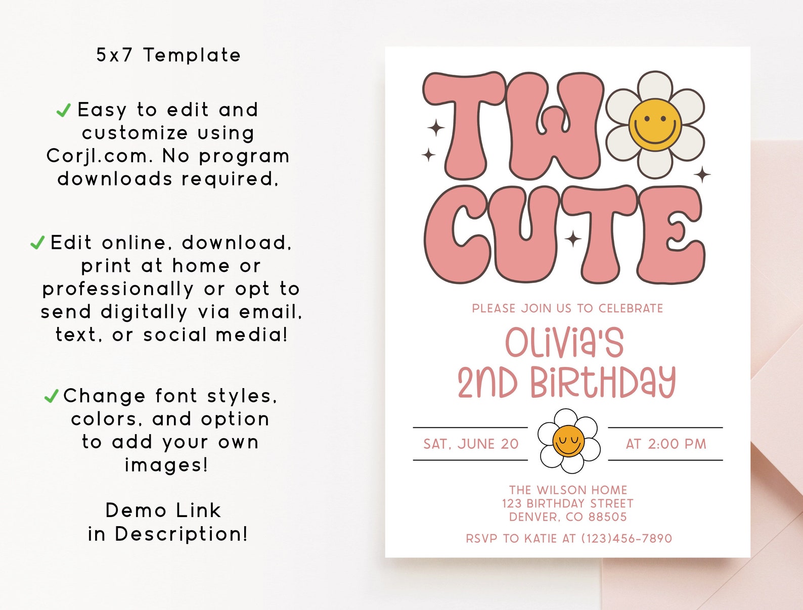 Two Cute 2nd Birthday Party Invitation Template, Second Birthday ...