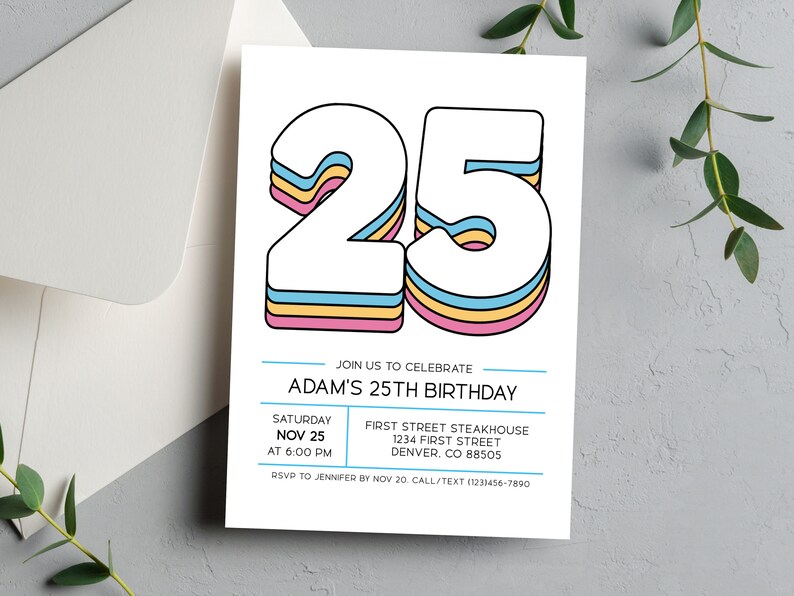 Minimal 25th Birthday Party Invitation Template, 25th Unisex Party ...