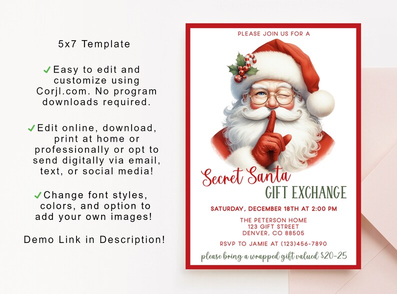 Secret Santa Gift Exchange Party Invitation Template, Christmas Holiday ...
