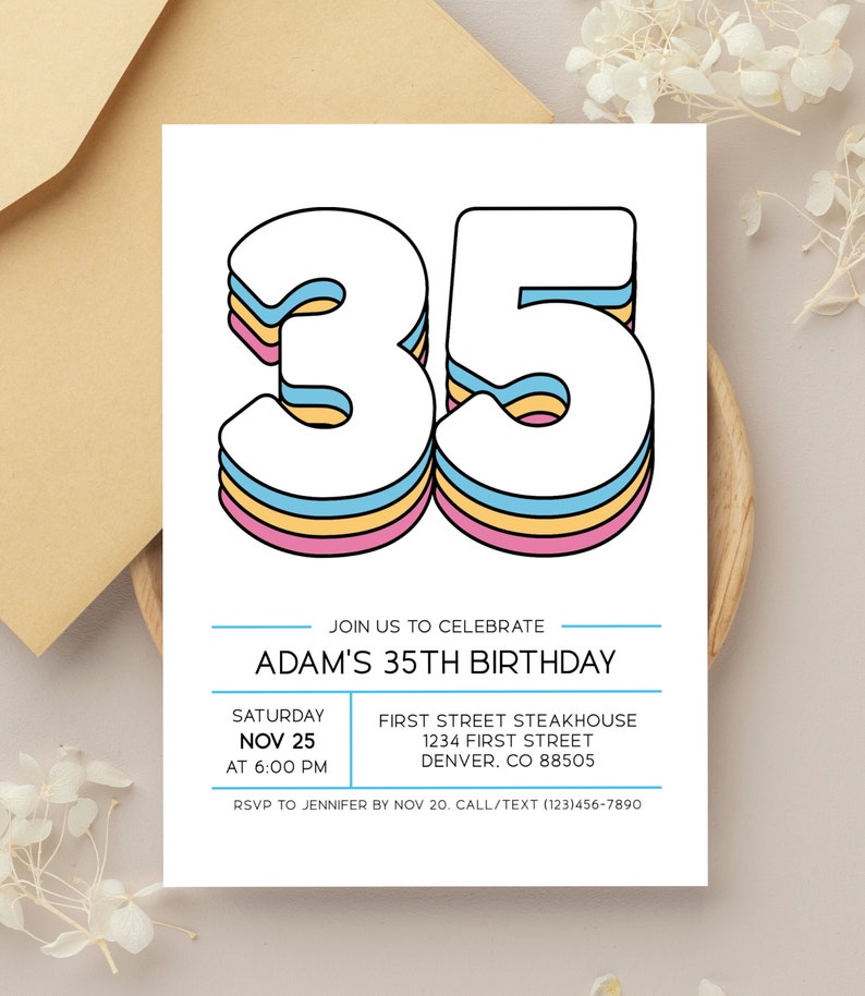 Minimal 35th Birthday Party Invitation Template, 35th Unisex Party ...