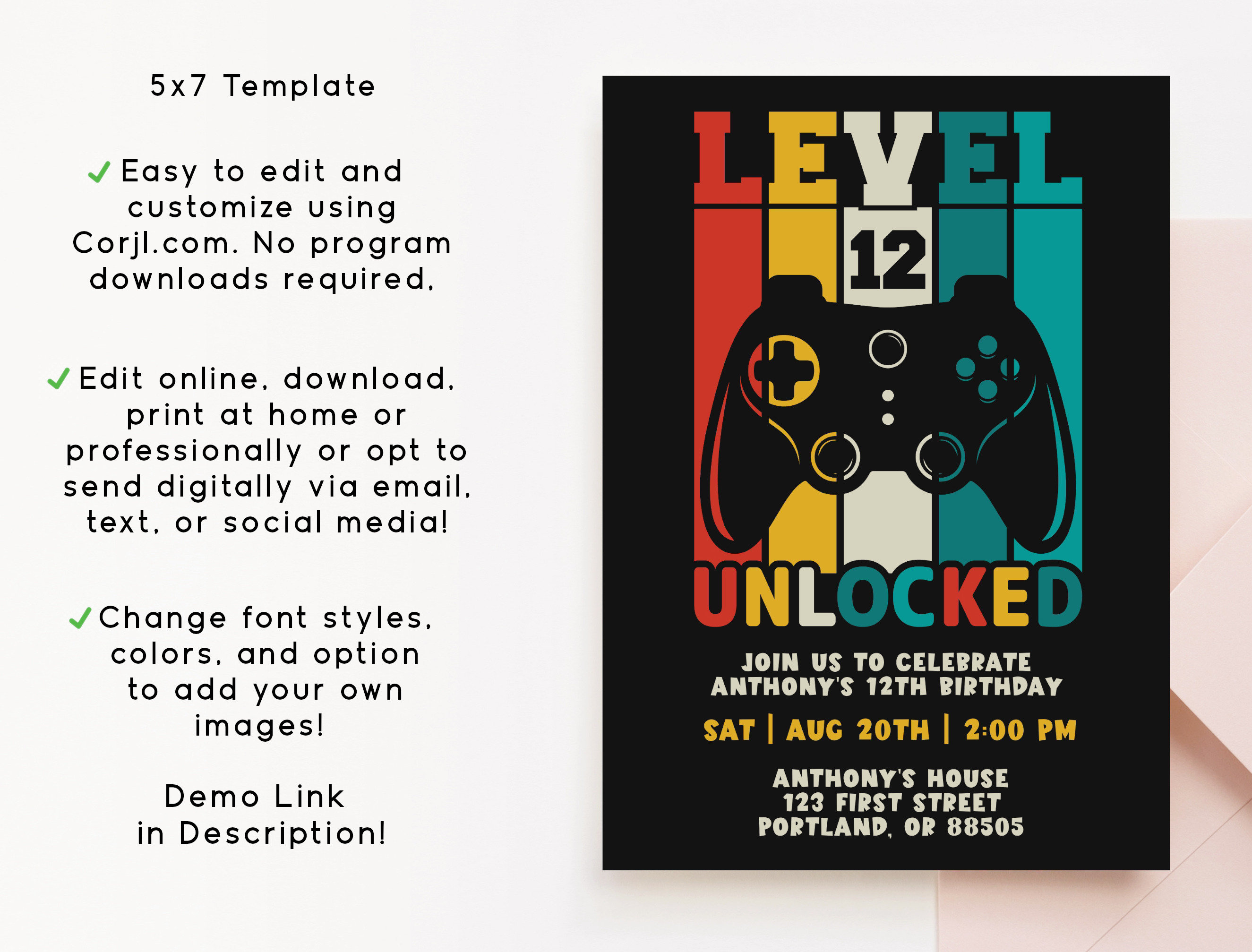 Boy's Gaming 12th Birthday Invitation Template, Teen Boy 12th Birthday ...