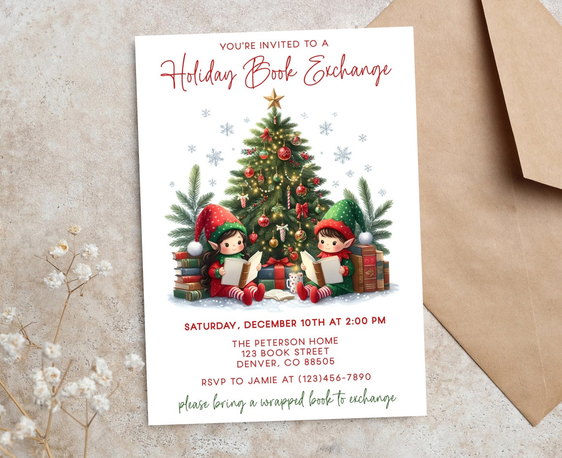 Holiday Book Exchange Party Invitation Template, Christmas Holiday Book ...