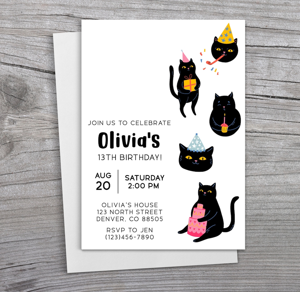 Black Cat Cute Birthday Invitation Template, Girl's Teenager Black Cat ...