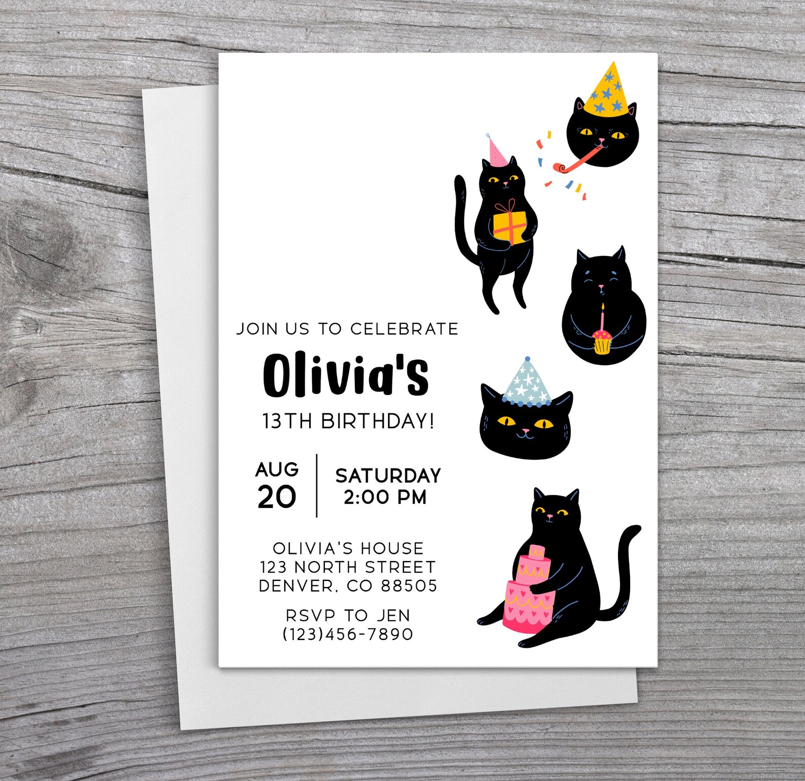 Black Cat Cute Birthday Invitation Template, Girl's Teenager Black Cat ...