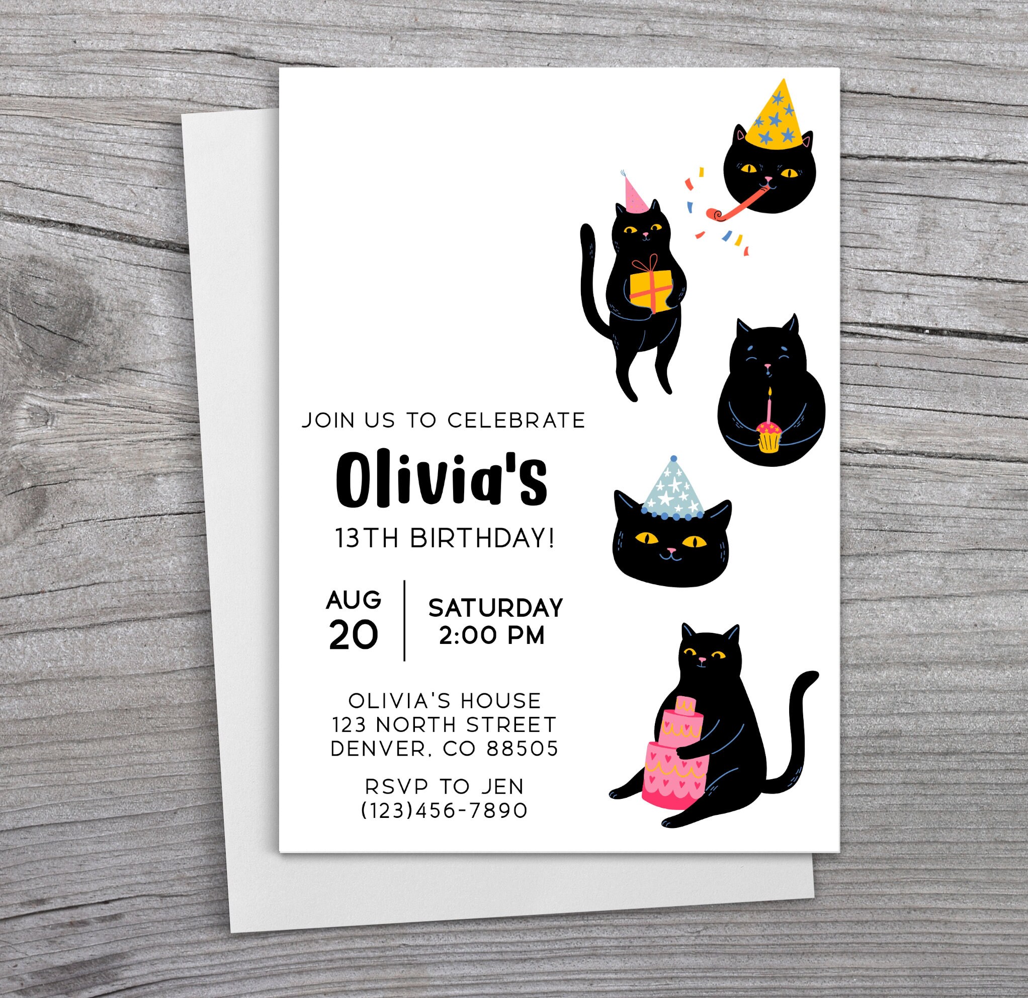 Black Cat Cute Birthday Invitation Template, Girl's Teenager Black Cat ...