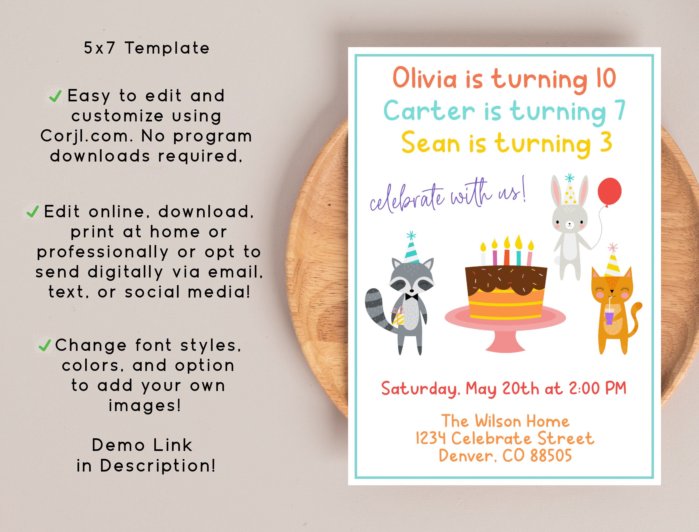 Editable Siblings Birthday Invitation Template: Trio Party (digital ...