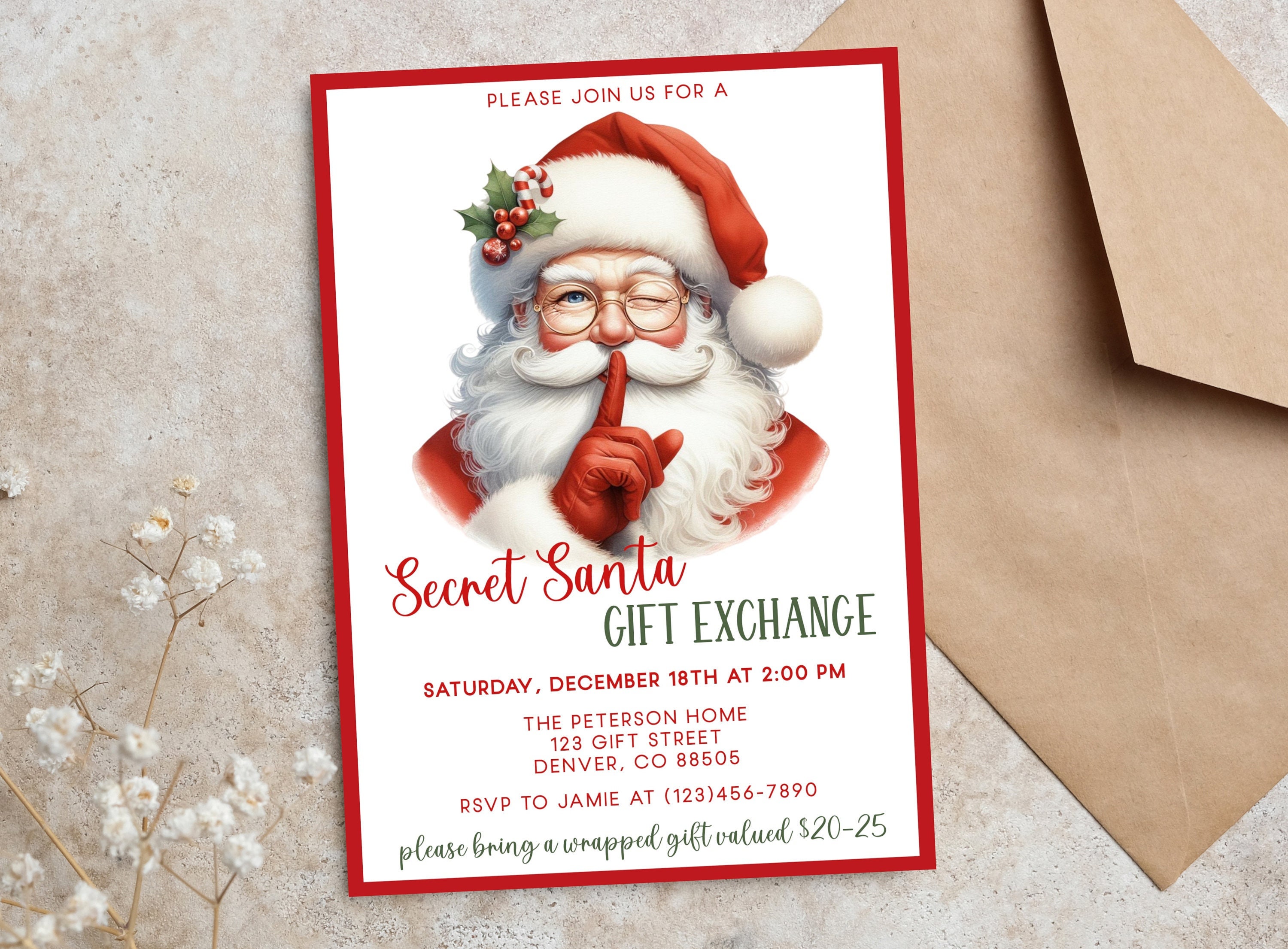 Secret Santa Gift Exchange Party Invitation Template, Christmas Holiday ...