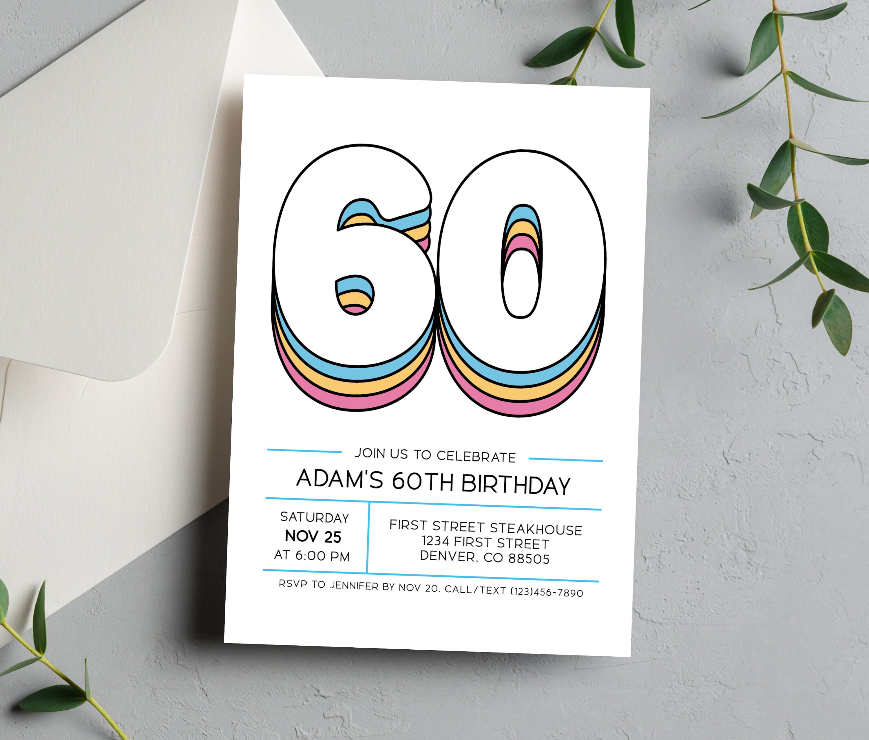Minimal 60th Birthday Party Invitation Template, 60th Unisex Party ...