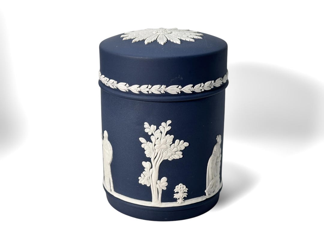 WEDGWOOD Jasperware Portland Navy Blue & White Tobacco Jar / Tea Caddy ...