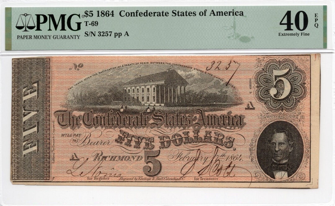 1864 Five Dollars Confederate States of America T-69 PMG - Etsy