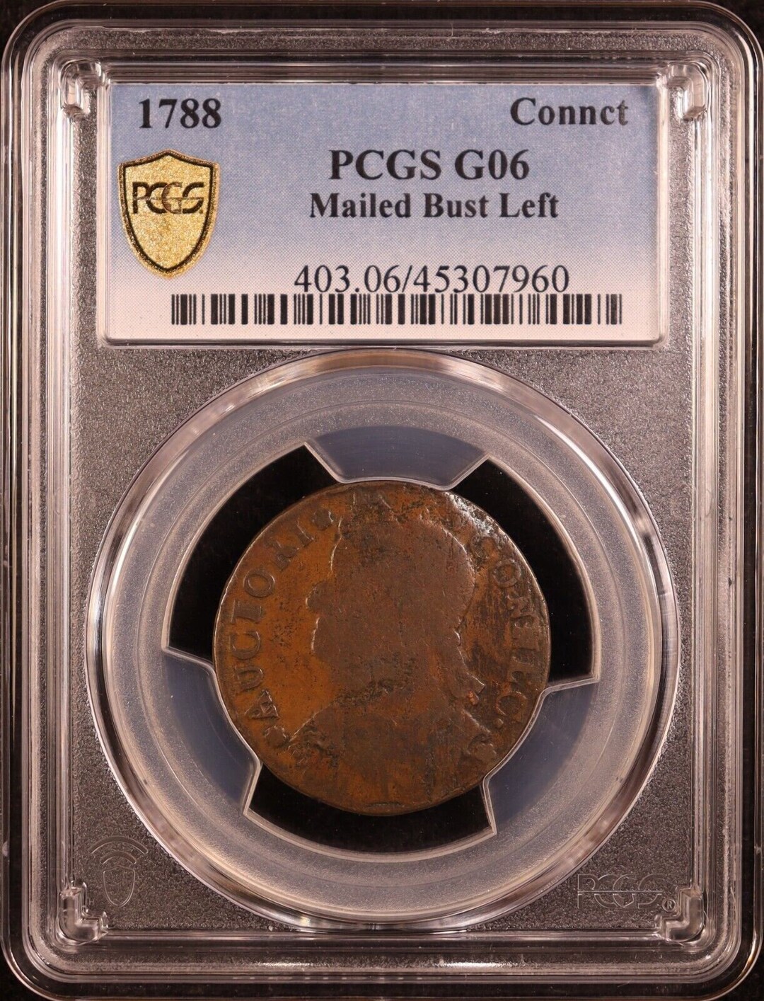 1788 Connecticut US Colonial Copper Coin 'mailed Bust Left' - PCGS G6 ...