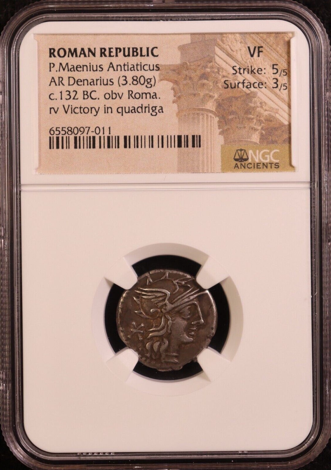 Roman Republic P. Maenius Antiaticus Silver Denarius 132 BC NGC Very ...