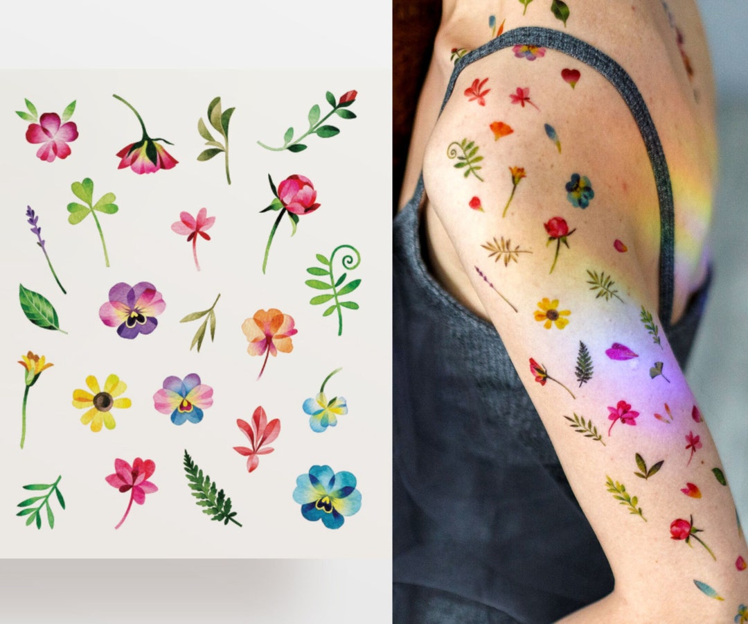 Floral Tiny Temporary Tattoo, Mini Flash Tattoo, Set of 22 Small Cute ...