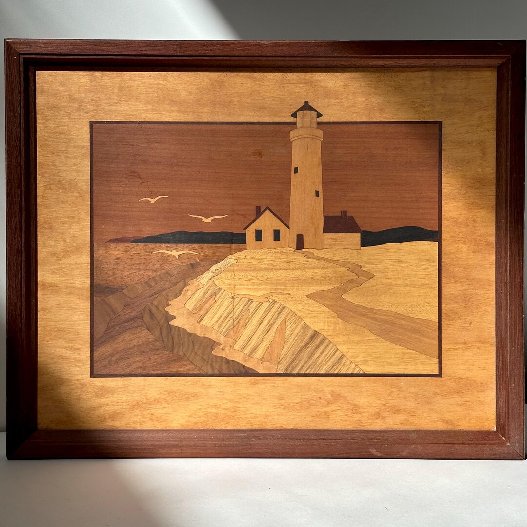 Marquetry Wall Art | Framed Lighthouse Decor | 16 Inch Wooden Home ...