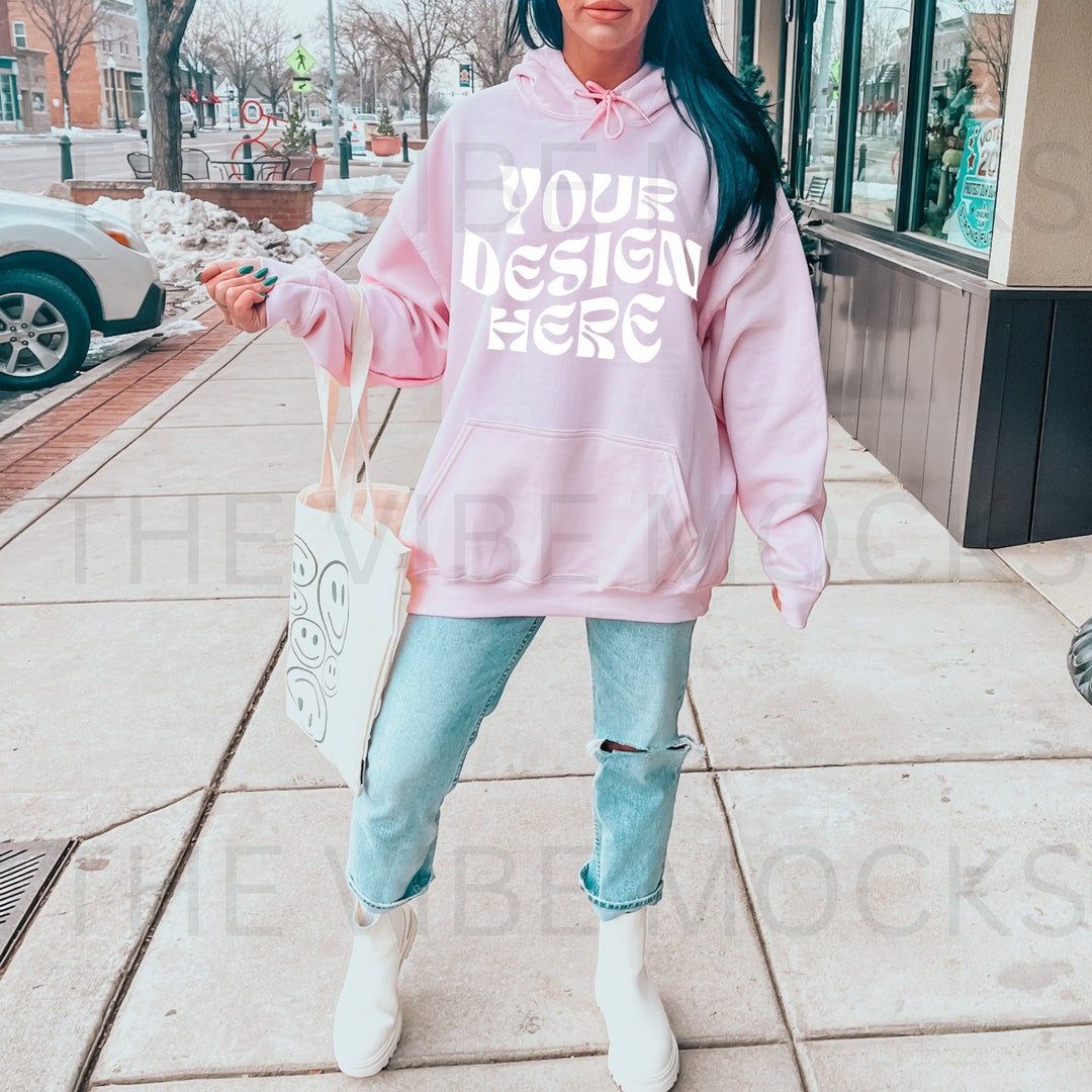 Gildan 18500 Light Pink Hoodie Mockup Oversized Light Pink Sweatshirt ...