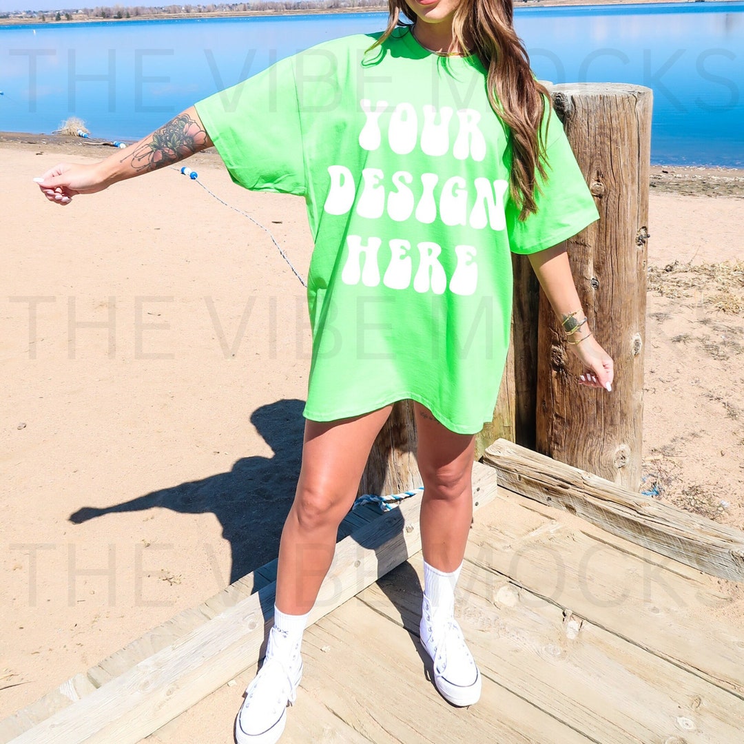 Gildan 5000 Lime Mockup Oversized Green Tshirt Mockup Model Mock Trendy ...