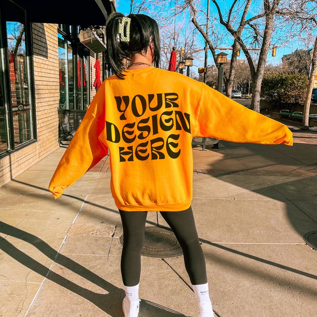 Gildan 18000 Gold Sweatshirt Mockup Oversized Back Gold Hoodie Mockup ...