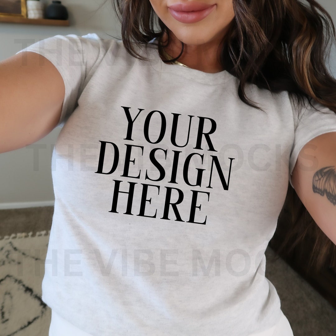 Gildan 5000B Ash Grey Shirt Mockup Cropped Ash Gray Tshirt Mockup Model ...