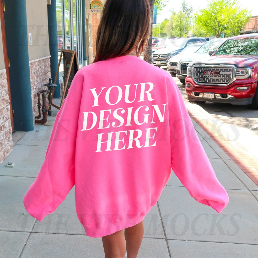 Gildan 18000 Safety Pink Mockup Oversized Safety Pink Back Gildan ...