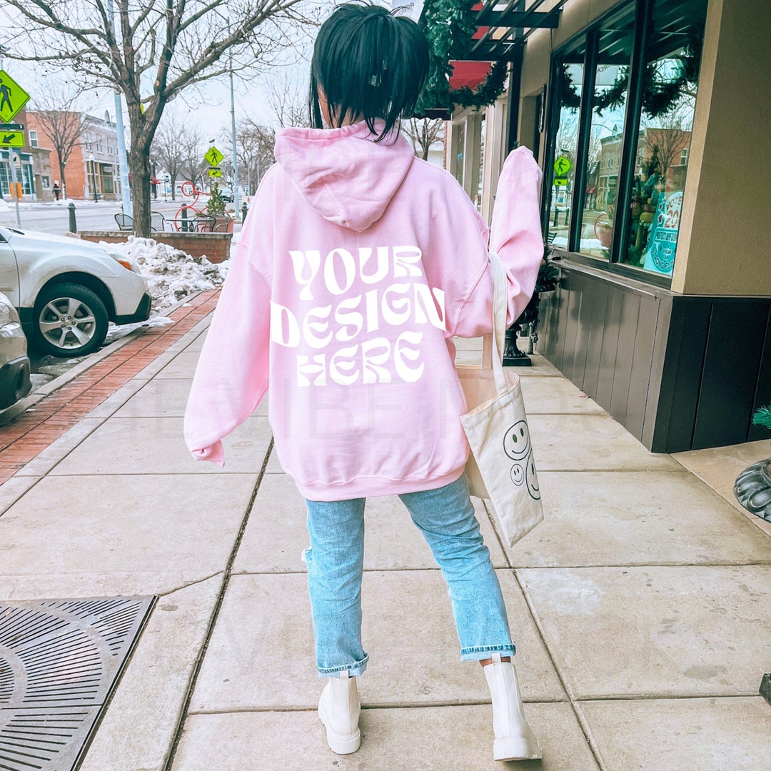 Gildan 18500 Light Pink Back Hoodie Mockup Oversized Light Pink ...