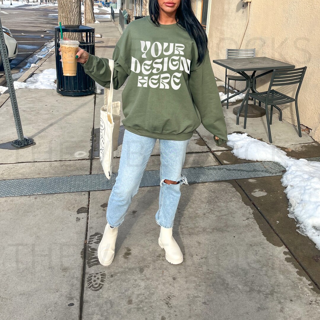 Gildan 18000 Military Green Back Mockup Oversized Military Green ...
