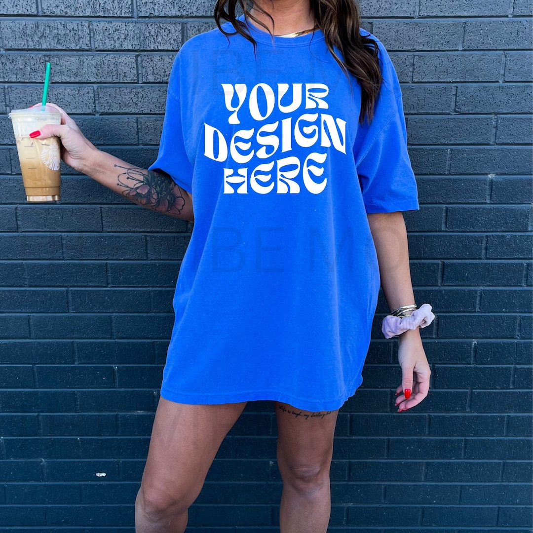 Comfort Colors C1717 Flo Blue Mockup Oversized Flo Blue Tshirt Outdoors ...