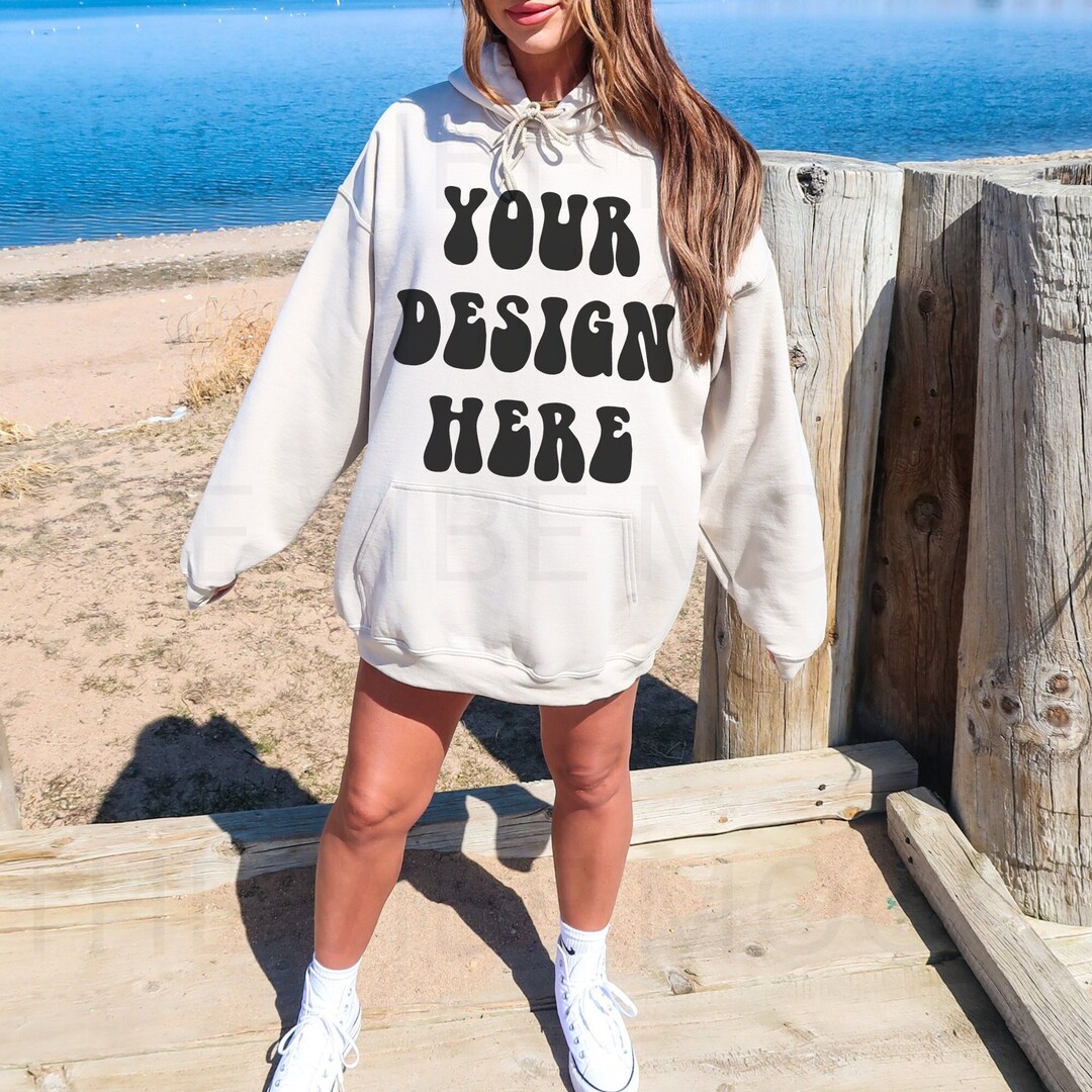 Gildan 18500 Sand Hoodie Mockup Oversized Sand Sweatshirt Mockup Model ...