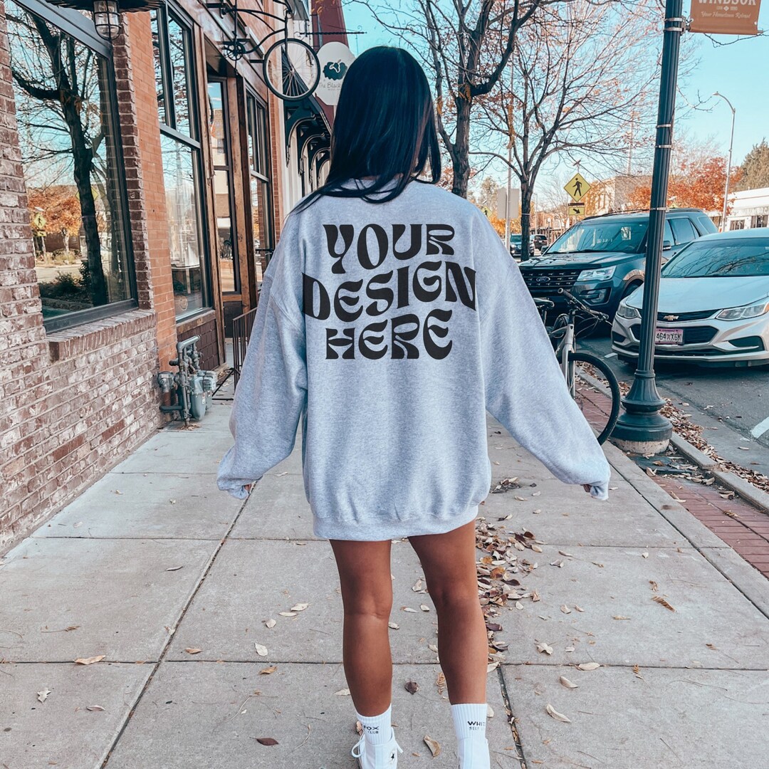 Gildan 18000 Ash Grey Back Mockup Oversized Grey Sweatshirt Mockup ...