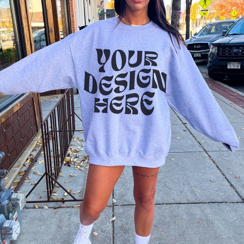 Gildan 18000 Ash Grey Mockup Oversized Grey Sweatshirt Mockup Model ...