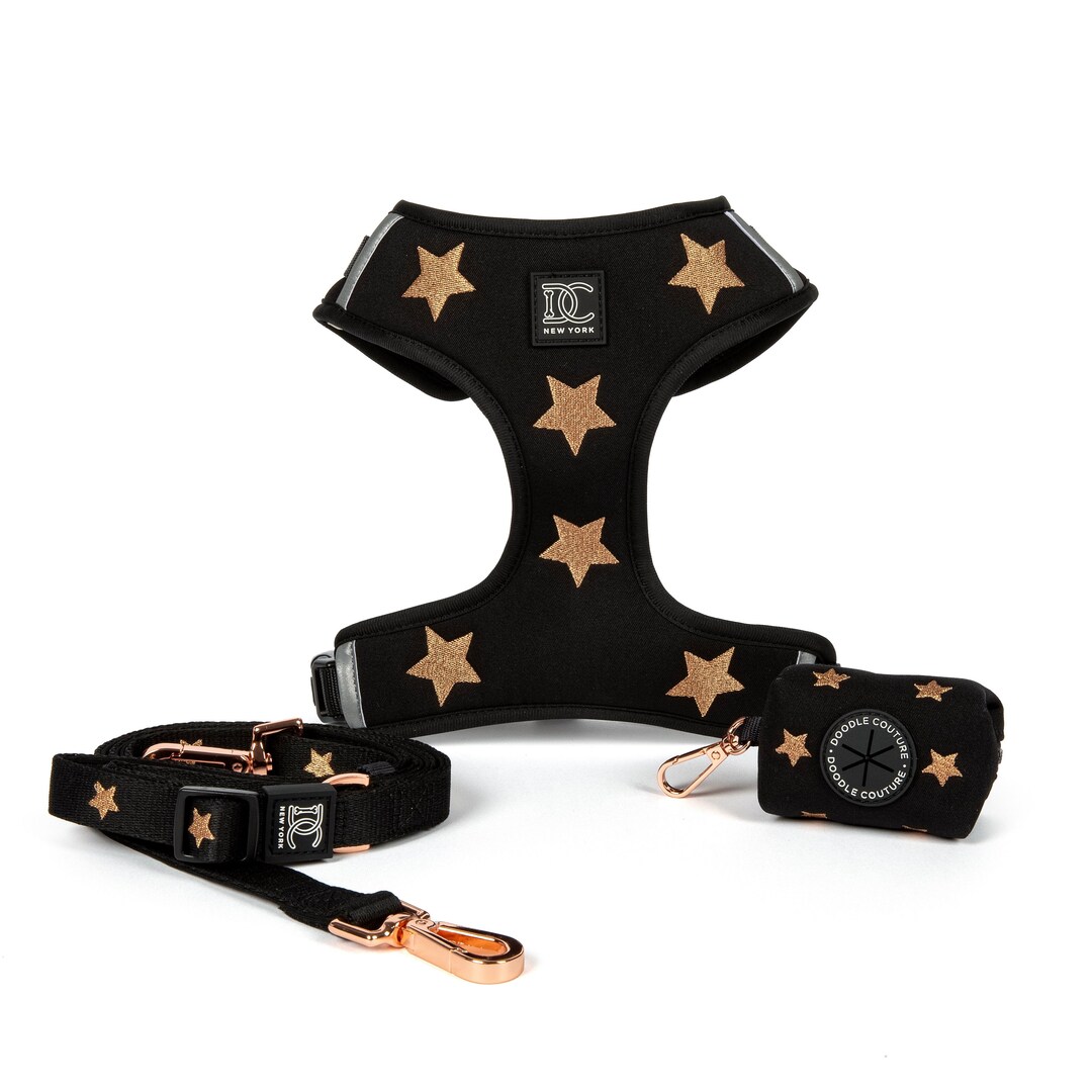 Rose Gold Star Black Embroidered Dog Walking Set, Adjustable Dog Harness, Set, Luxury, Stylish ...