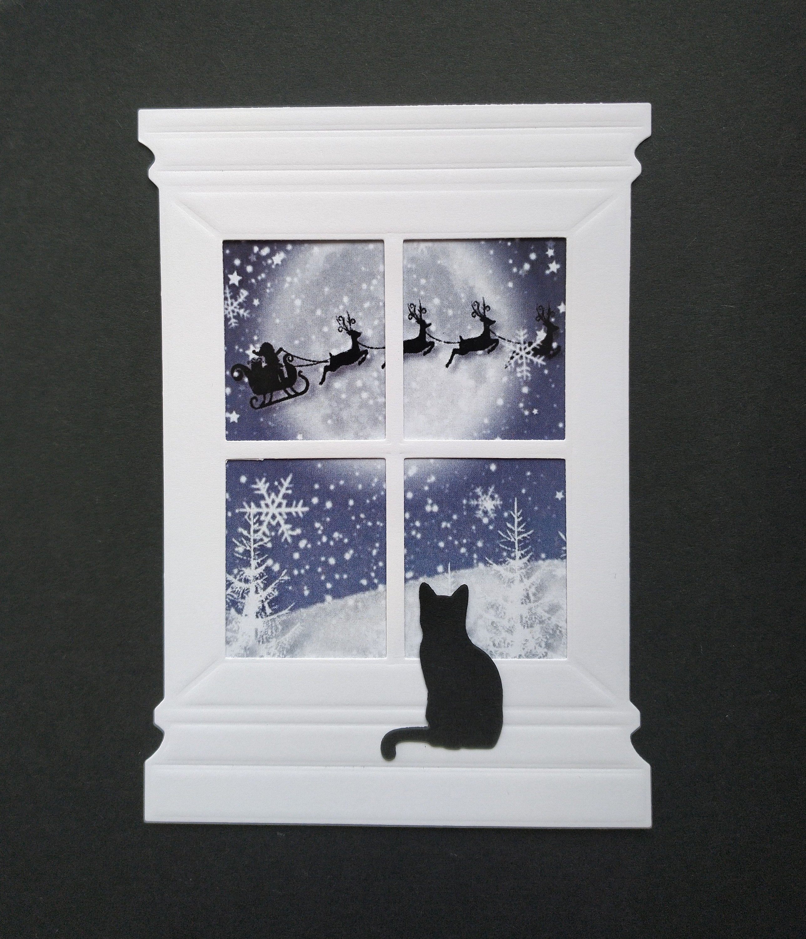 6 X Embossed Christmas Window & Cat With Outside Scene - Die Cut Card ...