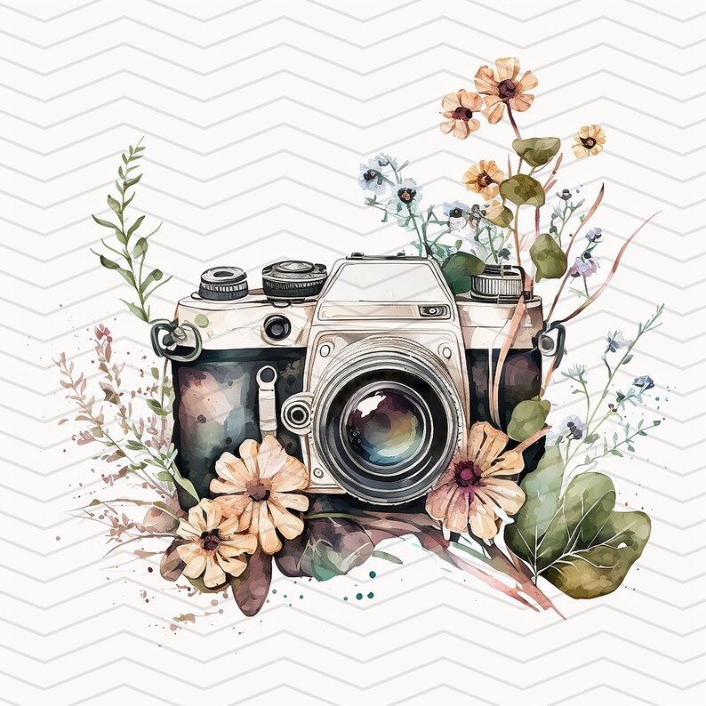 Watercolor Vintage Camera Clipart Set Shabby Chic Floral Design Retro ...