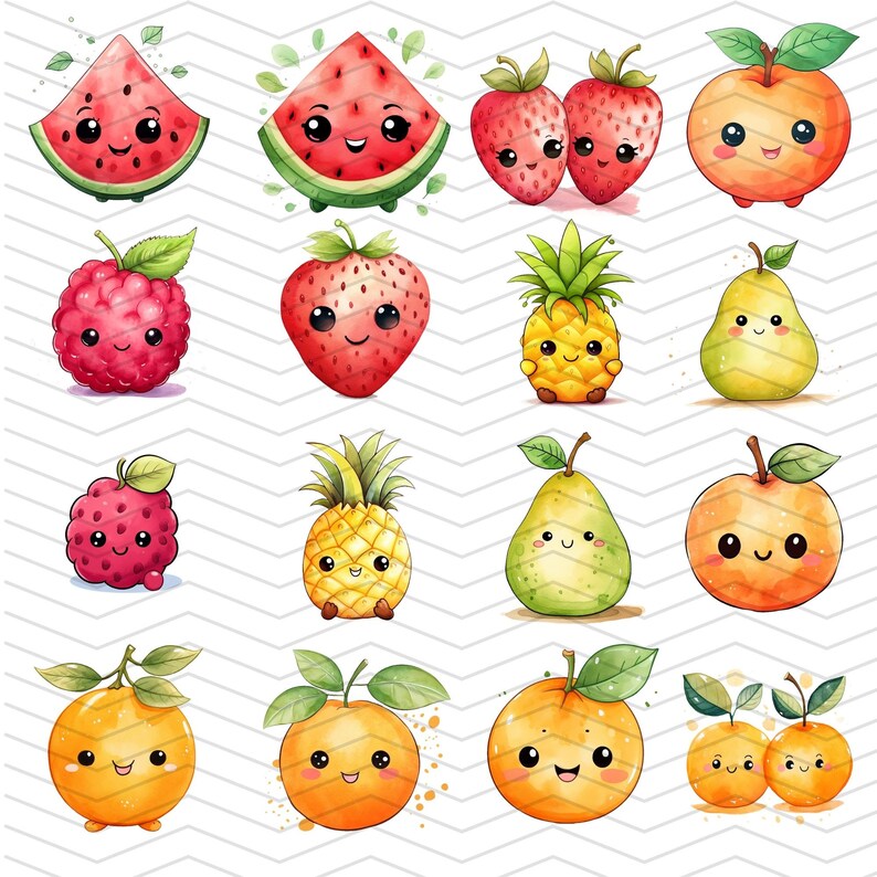 Watercolor Kawaii Fruit Clipart Kawaii Summer Fruit Clipart Instant ...