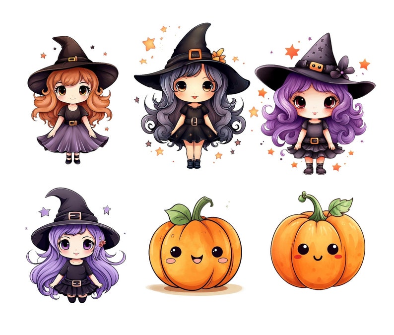 Creepy Kawaii Witch Clipart Ghost PNG Bundle Spooky Season Halloween ...
